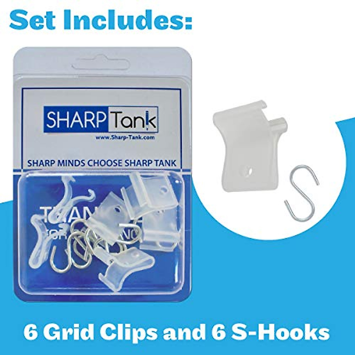 SHARP TANK Clear Grid Clips - 12 Pc Set Ceiling Hook Kit (6 Clips, 6 Hooks) Perfect for Hanging Classroom Decorations, Signs, Decore from Drop Ceiling T-Bar