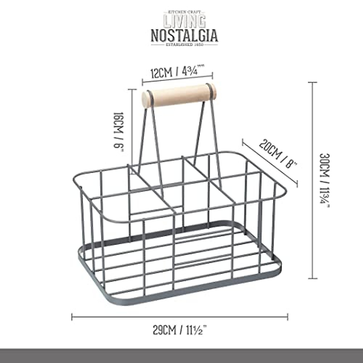 Kitchen Craft Living Nostalgia Milk Bottle Holder Doorstep, Milk Crate, Wire Metal with Wooden Handle, 29 x 20 x 13cm, Grey