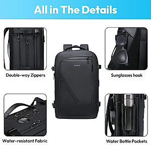 BUNPOL Travel Backpack for Men,Large Capacity Laptop Carry on Backpack Flight Approved Waterproof Durable Fit 20 Inch Laptop Backbag Weekender Bag for Men Women Black