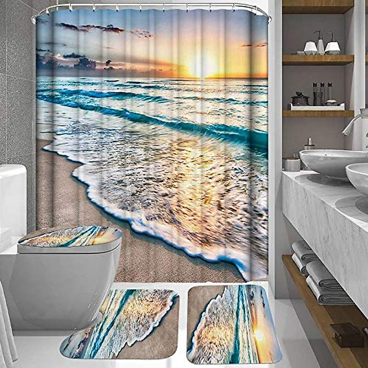 AXISRC 4 Pieces Rose Bathroom Rugs Set Shower Curtain Non Slip Seat Lid Cover Bath Mats 71x71inches
