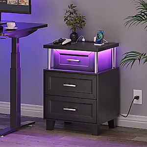VIAGDO Black Nightstand Set of 2, LED Night Stand Set 2 with Charging Station, Modern Nightstand with 3 Drawers, Vintage Bedside Tables, End Side Table with Storage for Bedroom, Office