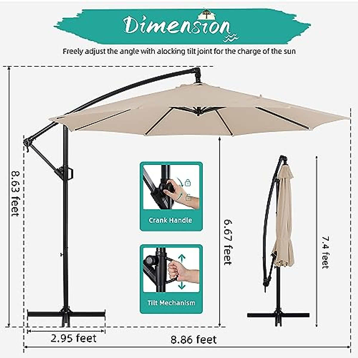 Shintenchi Patio Offset Umbrella w/Easy Tilt Adjustment,Crank and Cross Base, Outdoor Cantilever Hanging Umbrella with 8 Ribs, 95% UV protection and Waterproof Canopy, Khaki