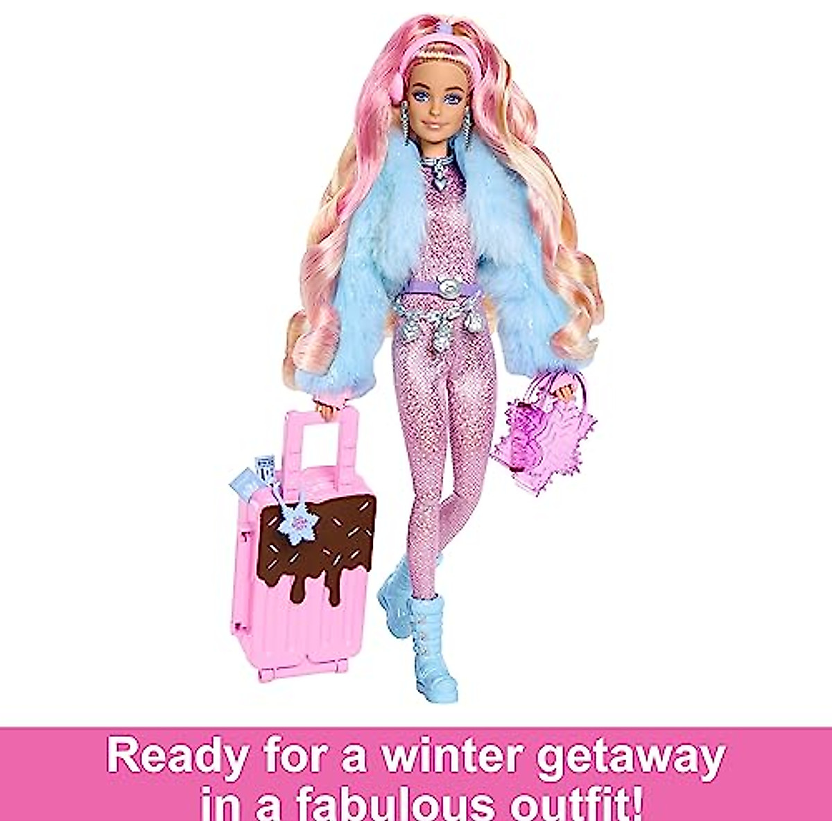 Barbie Extra Fly Doll with Snow-Themed Travel Clothes & Accessories, Sparkly Pink Jumpsuit & Faux Fur Coat