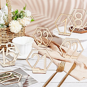 OLYCRAFT 40 Pcs Wooden Table Numbers Wooden Table Number Sign Stand 1~40 Wedding Table Numbers Wooden Hexagon Table Numbers Double Sided Sign for Wedding Party Table Card Stand Decoration