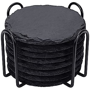 Slate Drink Coasters with Metal Holder, GOH DODD 4 Inch 8 Pieces Black Stone Coasters Bulk Cup Coaster Set for Bar Kitchen Home Apartment, Round