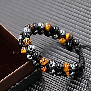 HASKARE Triple Protection Bracelet, Genuine Tigers Eye Black Obsidian and Hematite 8mm Beads Bracelet for Men Women, Crystal Jewelry Stone Bracelets Bring Luck and Prosperity and Happiness
