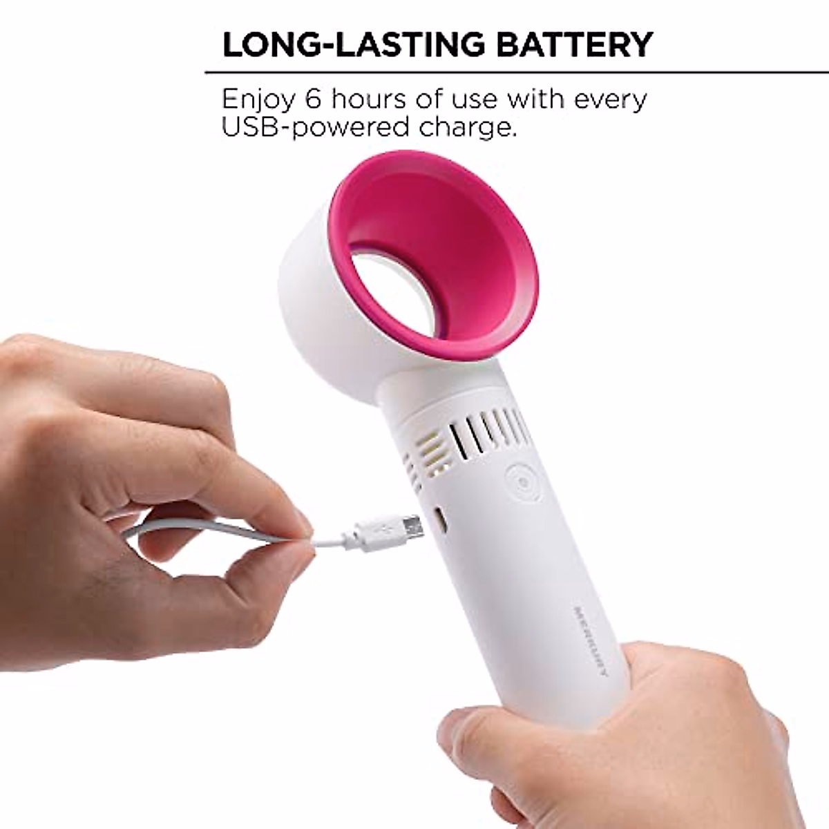 Merkury Innovations Whirlwind Personal Cooling Fan, No Blades, Rechargeable with USB Cable, Mini Bladeless Fan for Travel, Handheld or Hands-free, Pink