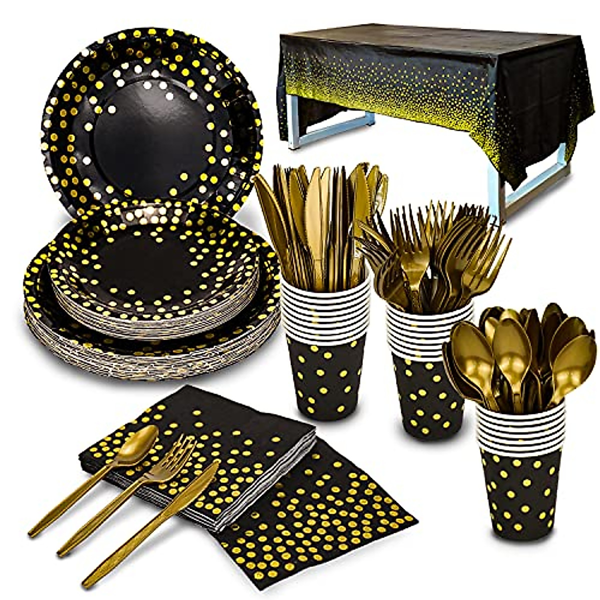 176 Pieces Gold Disposable Party Dinnerware Set &Golden Dot Disposable Party Dinnerware - Black Paper Plates Napkins Cups, Gold Plastic Forks Knives Spoons (25 Guests,176 Pieces)
