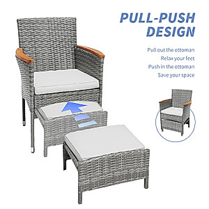 5 Piece Outdoor Patio Furniture Set with Table&Ottoman Outdoor Furniture Patio Set Bistro Wicker Patio Set of 2 Outside Lawn Chairs Conversation Sets for Porch Balcony Deck(Gray Wicker&Gray Cushion)