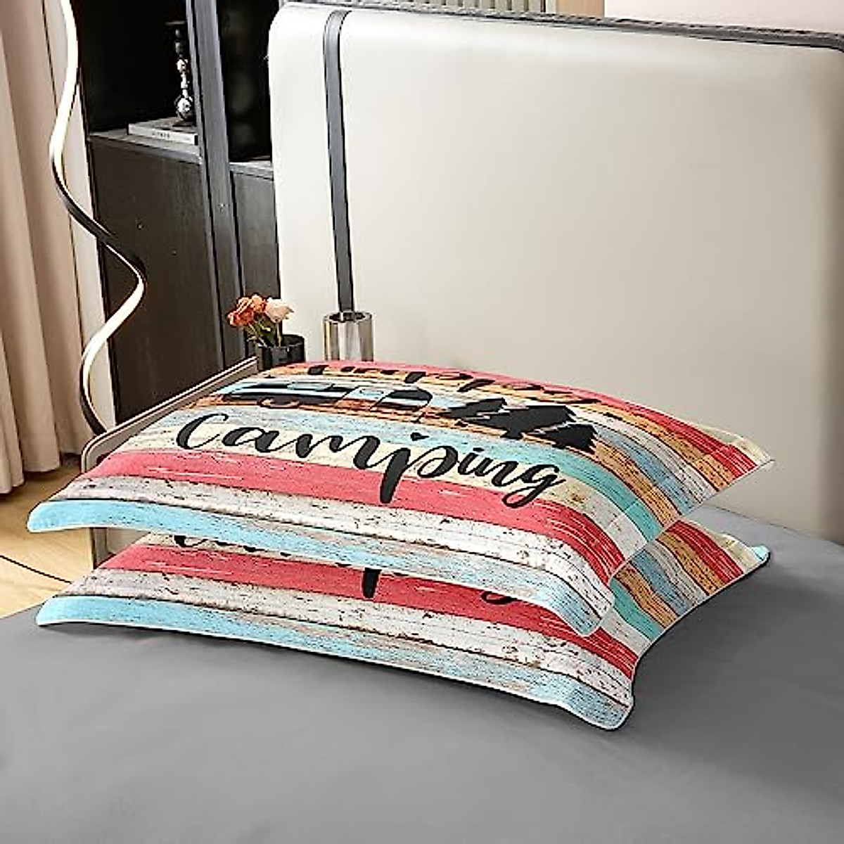 100% Cotton Happy Camping Duvet Cover Queen RV Camper Trailer Bedding Set for Boys Girls Bedroom Farmhouse Style Wooden Stripes Comforter Cover Red Blue Soft Breathable Quilt Cover