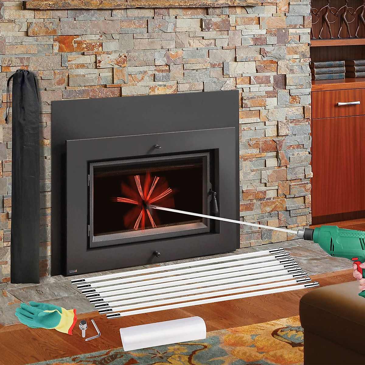 Slendor Chimney Sweep Kit, 39 Feet Chimney Cleaning Kit Chimney Cleaning Tool Chimney Brush with Button Locking System with 12 Nylon Flexible Rods for Sweeping Chimney Fireplaces.