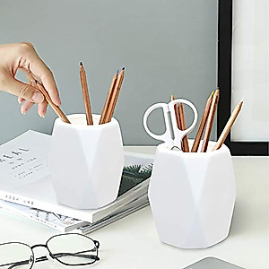 2 Pack Ceramic Pencil Holder,White Geometric Pen Cup Makeup Brush Holder for Girls Women,Desk Accessories Holder,Durable Desktop Organizer Pen Holder Ideal Gift for Office Home (White)