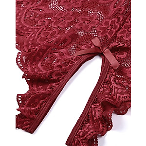 Women One Piece Lingerie Sexy Teddy V Neck Bodysuit Lace Nightie (Wine Red, X-Large)