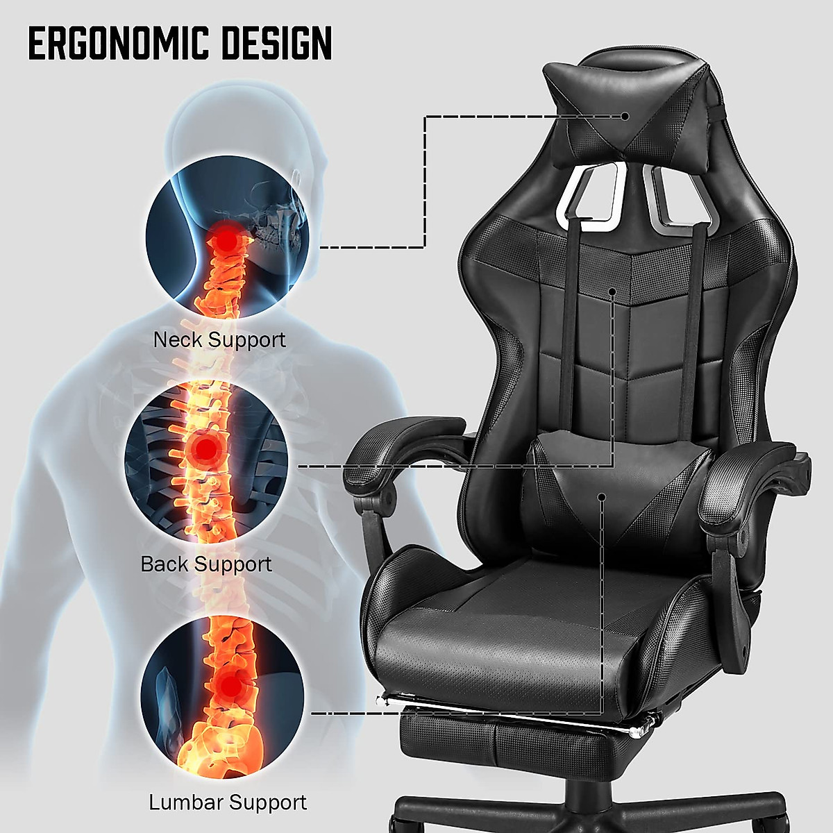 Soontrans Gaming Chairs with Footrest, PU Leather Office Chair, Gamer Chair,Ergonomic Game Chair with Height Adjustment, Lumbar Support (Carbon Black)
