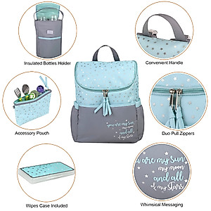 Baby Essentials Diaper Bag Backpack 5 Piece Set with Sun, Moon, and Stars, Wipes Pocket, Stroller Straps, Dirty Diaper Pouch, Changing Pad (Grey/Blue Backpack)