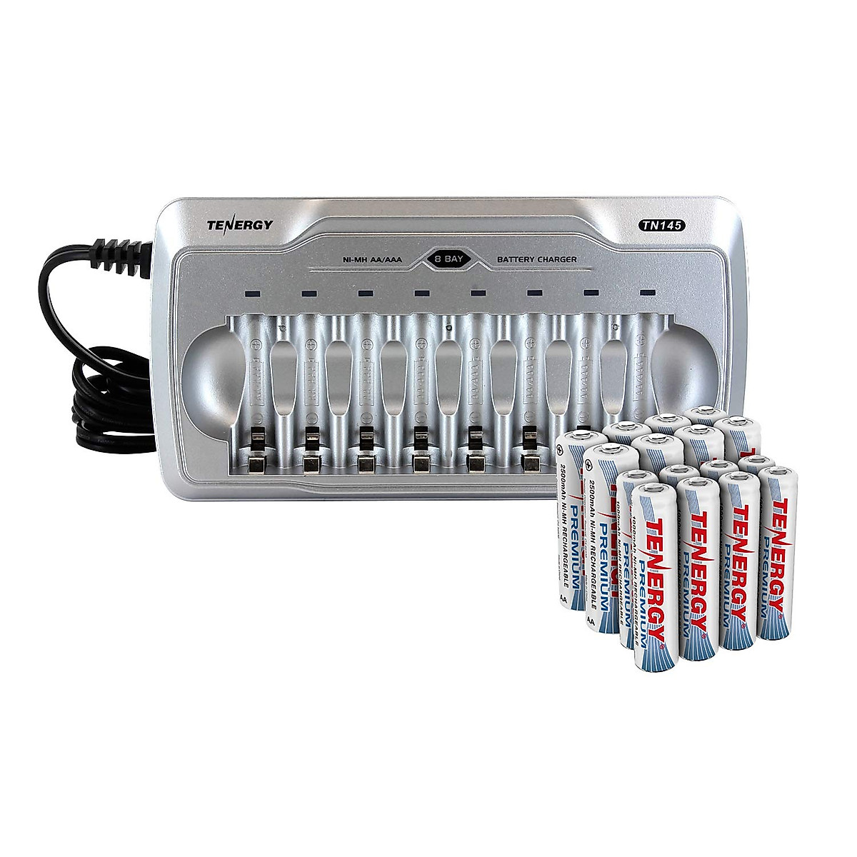Tenergy TN145 8-Bay AA/AAA NiMH/NiCd Charger + 8xAA & 8xAAA Premium Batteries Combo