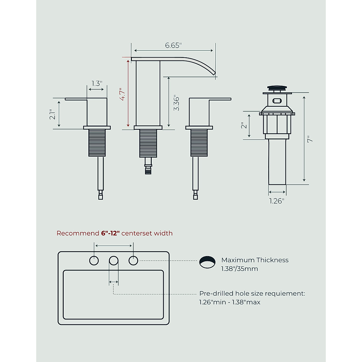 FORIOUS Black Bathroom Faucets, Matte Black Waterfall Bathroom Faucet 3 Hole with Metal Pop up Drain, 8 Inch Widespread Bathroom Sink Faucet Two Handle, Faucet for 6''-12'' Bathroom Sink Vanity