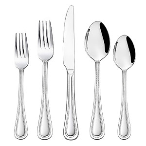 65-Piece Silverware Set with Serving Utensils, HaWare Stainless Steel Flatware Service for 12, Pearled Edge Tableware Cutlery for Home Restaurant Party, Mirror Polished, Dishwasher Safe