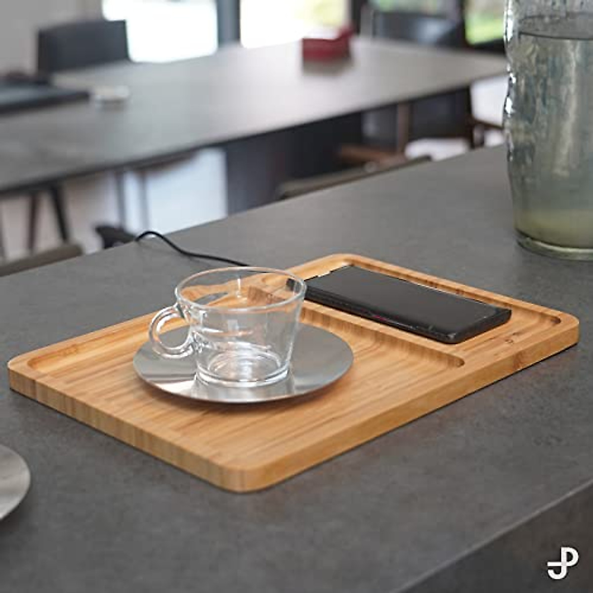 [PJ Collection] Bamboo Organizer Valet Tray with Wireless Charging, Desk and Night Stand Organizer, 2 in 1, 15W Charging Station，Wireless Charging Station