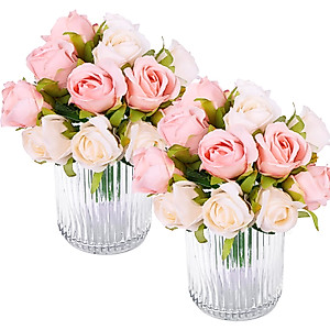 CEWOR 24 Heads Artificial Rose Flowers Bouquet Silk Flower Roses with Stems Home Bridal Wedding Party Festival Decor (2 Packs Champagne and Pink)