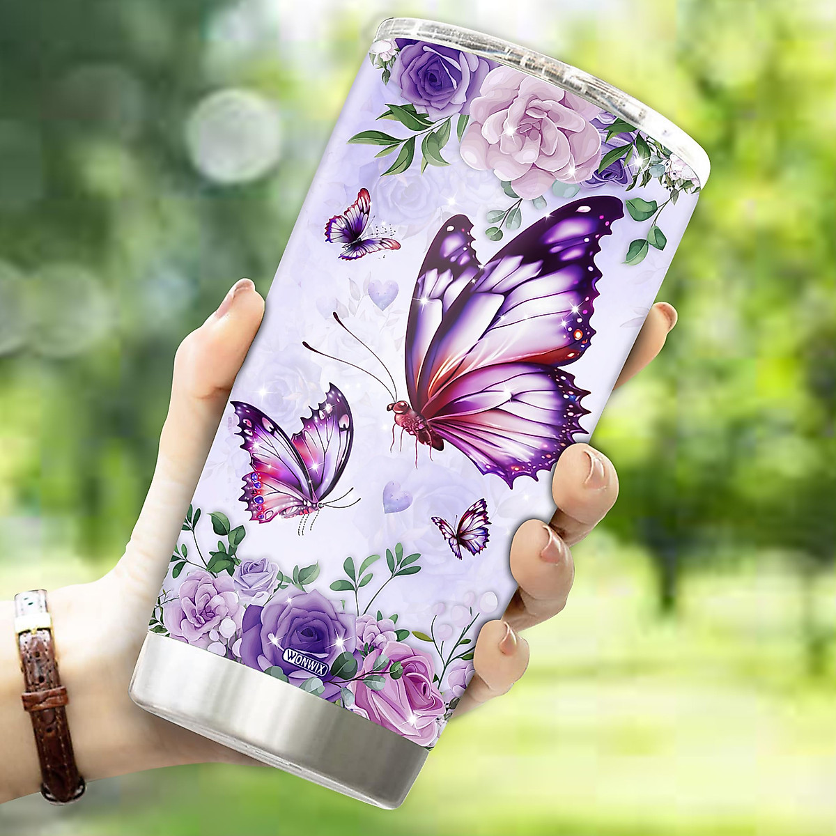 WONWIX Personalized Purple Butterfly Coffee Mugs For Girls Mom Women Adults Butterflies Lovers Water Bottle Travel Mug Mothers Day Birthday Christmas Valentine 20oz Stainless Steel Cup With Lid