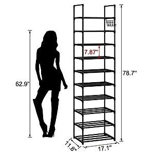 WEXCISE Narrow Shoe Rack 10 Tiers Tall Shoe Rack for Entryway 20-24 Pairs Shoe and Boots Organizer Storage Shelf Space Saving Large Shoe Tower Durable Black Metal Stackable Shoe Cabinet with Hooks