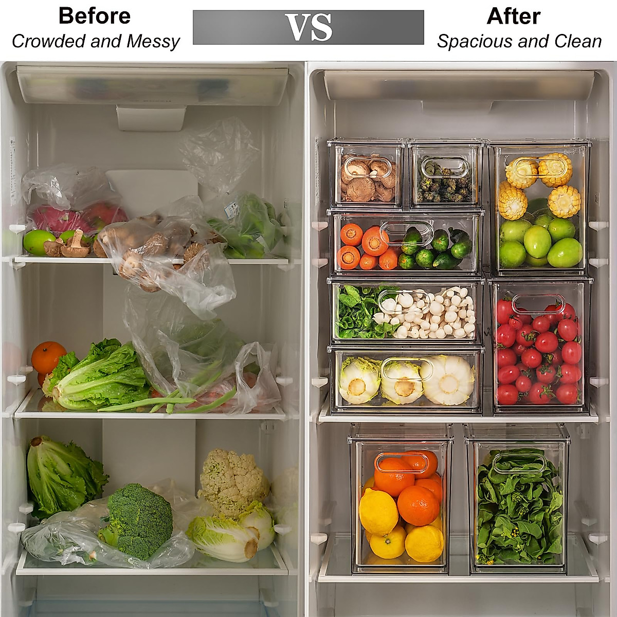 2 Pack Refrigerator Organizer Bins with Pull-out Drawer, Stackable Fridge Drawer Organizer Set with Handle, BPA-free Drawable Clear Storage Cases for Freezer, Cabinet, Kitchen, Pantry Organization