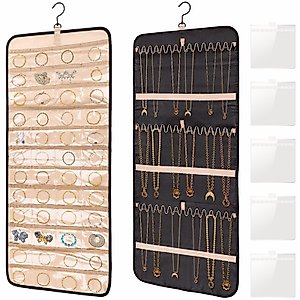 VOPTON Large Hanging Jewelry Organizer with 48 Pockets, Necklace Holder Wall Mounted, Dual-Sided Travel Bracelet Ring Earrings Storage Closet, Jewelry Hangers Hooks for 36 Necklaces Door and 5 Bags