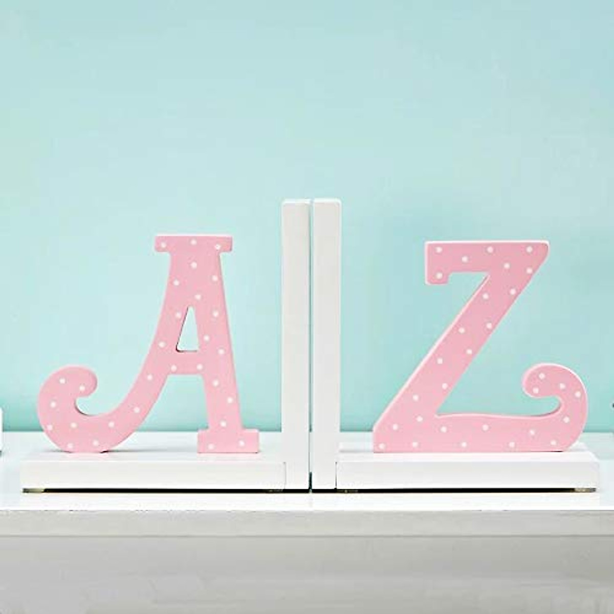 Apol Creative Pink and White Dots A-Z Letter Wood Bookends Book Ends Book Organizers Bookshelf for Kids Study Gift School Office Library Home Desk Decoration