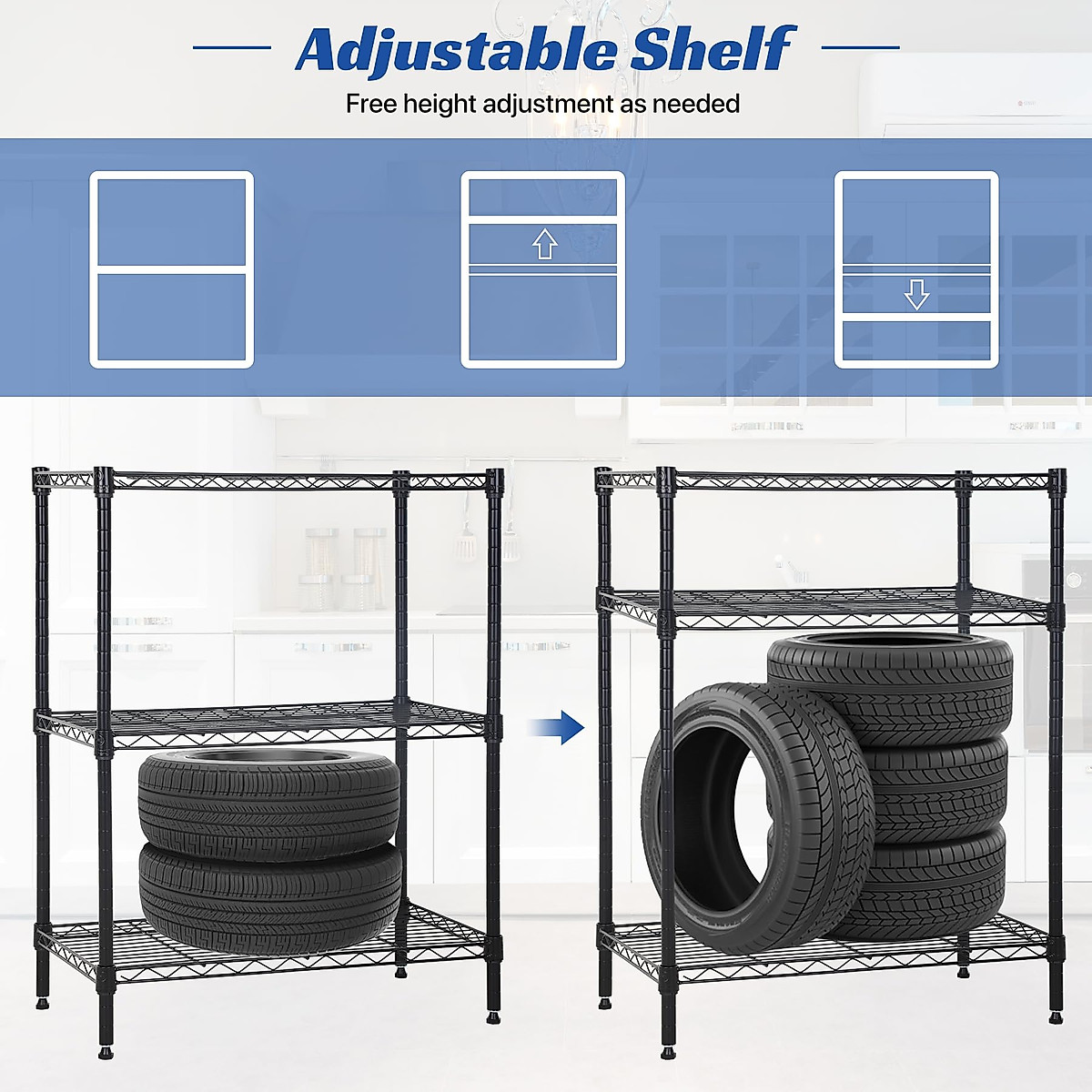 WYGMAV 3 Tier Shelf Metal Wire Shelving Unit Adjustable Storage Shelves Storage Rack Heavy Duty Steel Standing Shelf Units for Restaurant, Garage, Kitchen Metal Shelves with Feet Leveler, Black