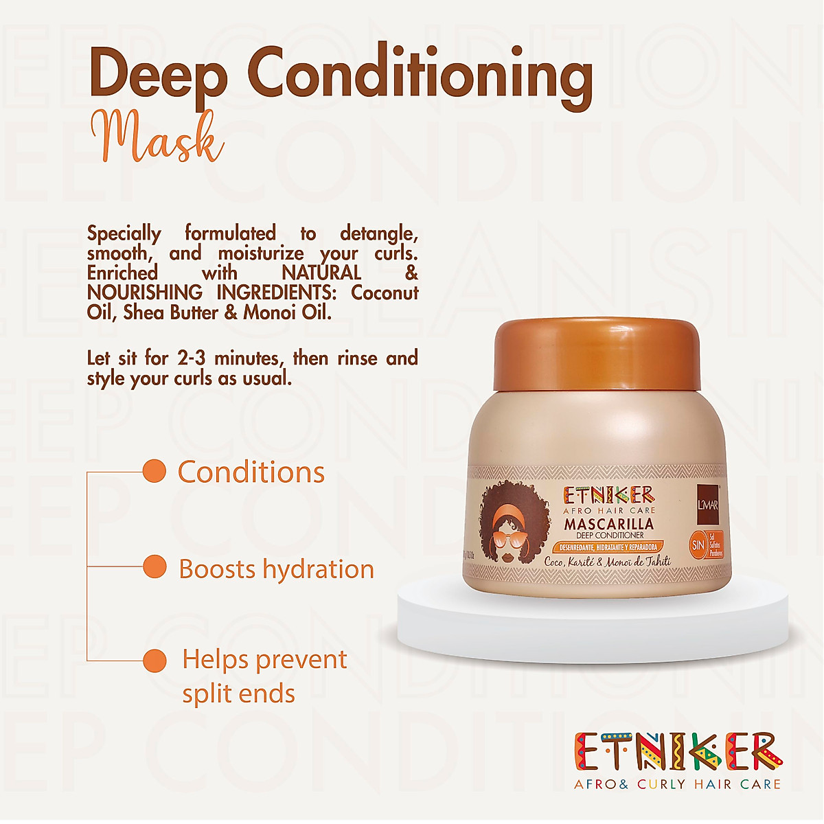 ETNIKER Deep Conditioning Mask for Afro-Curly, Wavy hair | Detangle, Soften & Moisturize | Coconut Oil, Shea Butter, Monoi Oil | Free from Salt, Sulfates, Parabens by Lmar | 10.5oz"