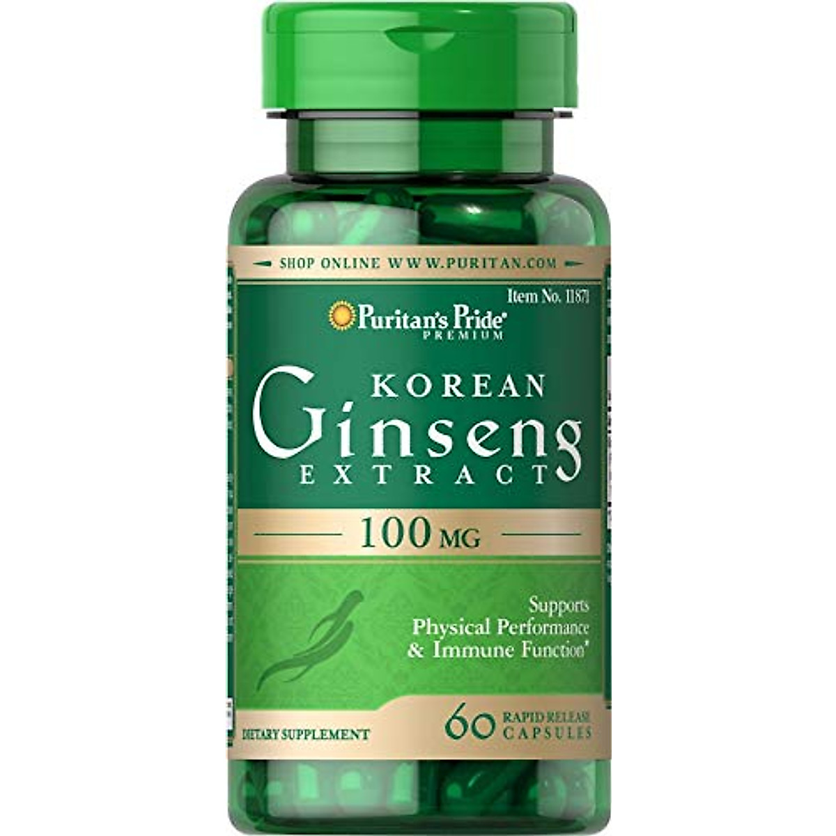 Puritans Pride Korean Ginseng Standardized 100 mg Capsules, 60 Count
