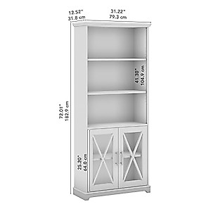 Bush Furniture Lennox Tall 5 Shelf Bookcase with Glass Doors in Linen White Oak | Farmhouse Bookshelf Cabinet for Living Room and Home Office
