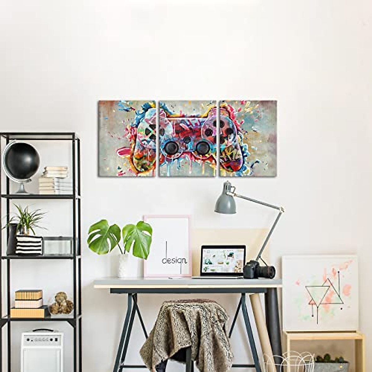 SiMiWOW Video Game Wall Art Gamepad Street Graffiti Painting Gamer Wall Decor Picture Gaming Poster Framed Canvas Prints Ready to Hang (12"x16"x3 Panels)