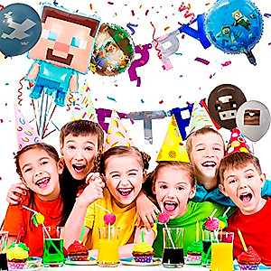 18 PCS Pixel Miner Crafting Style Foil & Latex Balloons - Mining Themed Party Supplies Disposable Tablecloth - Birthday Party Video Game Party Decorations