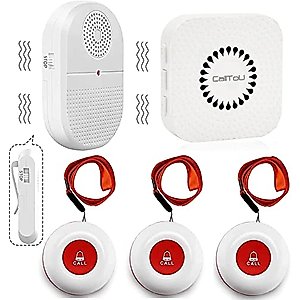 CallToU Wireless Caregiver Pager Call Button Nurse Alert System Waterproof 500+ Feet for Elderly Monitoring Patient Seniors 3 Transmitters 1 Plugin 1 Vibration Receiver
