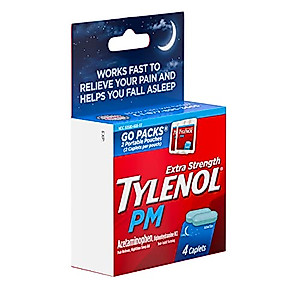 Tylenol PM Extra Strength Nighttime Pain Reliever Sleep Aid Caplets, 500 mg Acetaminophen, 25 mg Diphenhydramine HCl, Relief for Nighttime Aches & Pains, Travel Size, 2 Packs of 2 Caplets