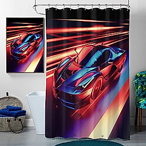4 Piece Shower Curtain Sets Racing Extreme Sports Speed Games Automobile with Non-Slip Rugs Toilet Lid Cover and Bath Mat Bathroom Decor Set 72" x 72"