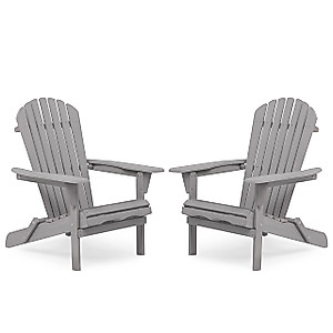 Fastroby Folding Adirondack Chair Set of 2 Solid Wood, 300 LBS Outdoor Patio Chairs Set of 2, Tall Comfortable Fire Pit Chair for Garden/Yard/Patio/Lawn, Grey