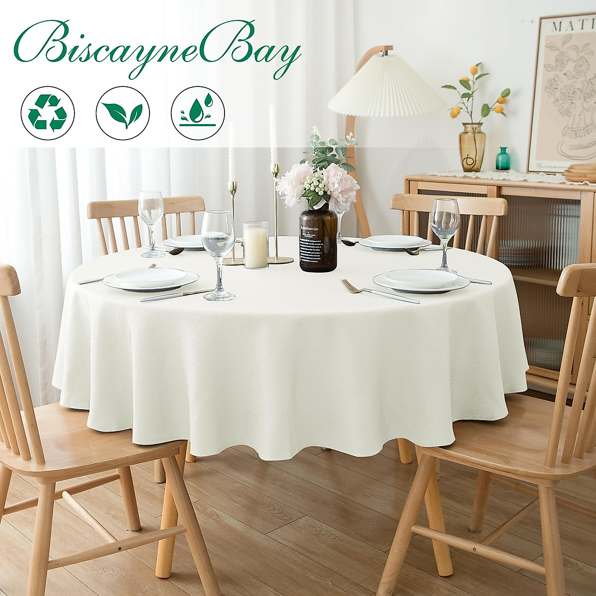 Biscaynebay Textured Fabric Tablecloths Round 60" for Tables' Diameters from 20" to 40", Ivory Water Resistant Tablecloths for Dining, Kitchen, Wedding, Parties etc. Machine Washable