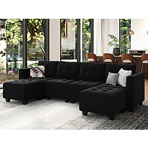 Belffin Modern U Shaped Modular Sectional Sofa with Storage Seats, 6 Seats Sleeper Couch with Reversible Chaise, Modular Oversized Sectional with Ottomans, Black