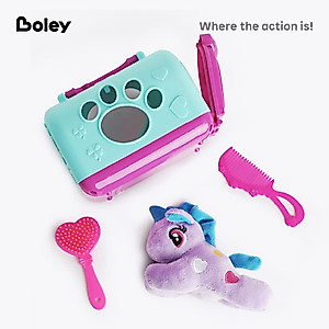 Boley Unicorn Plushie Set - 4 Pc Plush Toy Kit with Purple Unicorn Stuffed Animal, Portable Light Blue Play Cage, Pink Brush and Comb - Soft, Cuddly Toy for Kids, Ages 3+