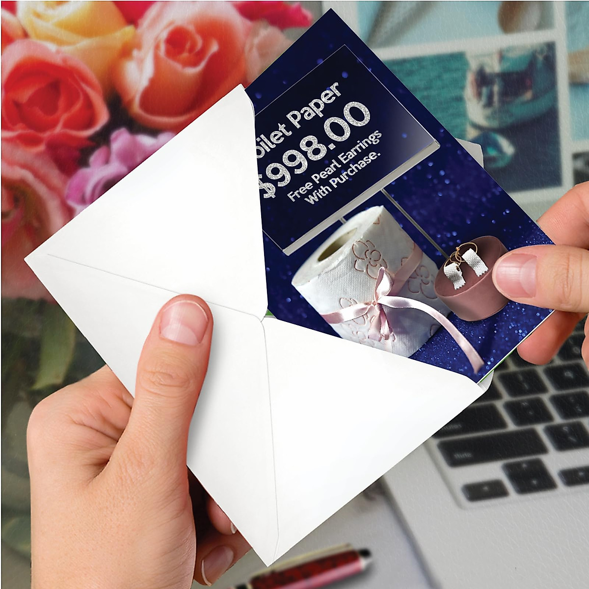 NobleWorks - Funny Happy Birthday Card with Envelope - Hilarious Quarantine, Toilet Paper Humor Greetings - Free Pearl Earrings C3708BDG