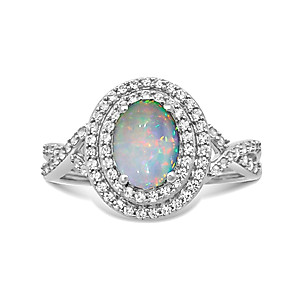 Jewelili Sterling Silver 8x6 MM Oval Cut Created Opal and Round Created White Sapphire Halo Engagement Ring, Size 7