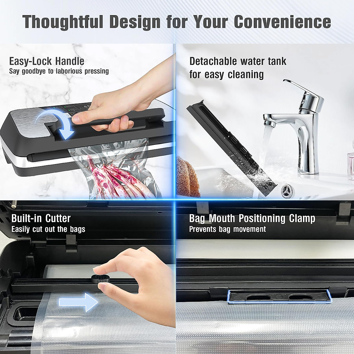 Food Vacuum Sealer Machine, 12 in 1 Food Sealer Vacuum Sealer with Easy Lock Handle, Double Heat Seal, Vacuum Sealer Food with Built in Cutter and Bag Storage, Drip Tray, 1 Roll and 10 Pre-cut Bags