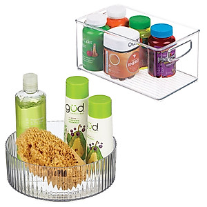 mDesign Plastic Stackable Bin with Handles and 9" Round Fluted Lazy Susan Turntable Plastic Spinner Combo Set for Organization in Bathroom, Closet, Cabinet, or Vanity Countertop - Set of 2 - Clear