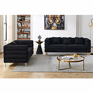 Comfy 3 Seater Sofa, 81-inch Oversized Boucle Couch with Deep Seat Design, Upholstered Sofa Couch with 2 Pillows, Modern Living Room Sofa with Stylish Metal Legs for Office, Waiting Room, Black Teddy