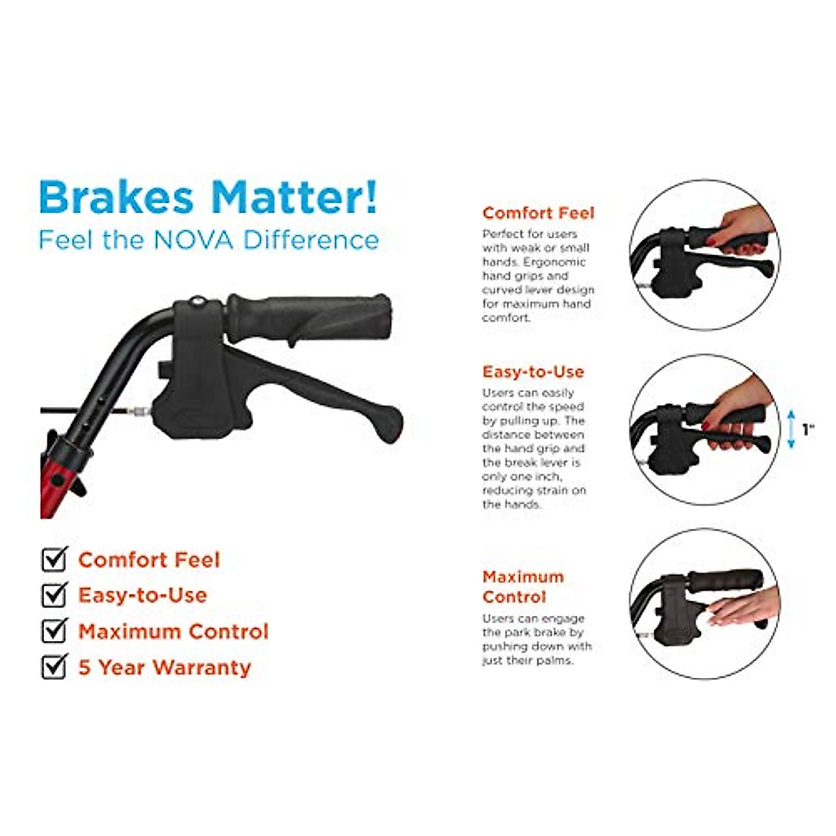 NOVA Zoom Rollator Walker with 22” Seat Height, Rolling Walker with Locking Hand Brakes, Padded Seat and 8” Wheels, Color Red