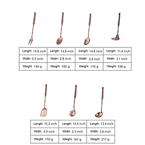 7 Pcs Round Handle Cooking Utensil Set, 304 Stainless Steel Rose Gold Titanium Plated Cookware Sets with Public Fork/Spoon, Potato Mashers, Slotted Spatula, Soup Ladle, Pasta Server, Kitchen Tool