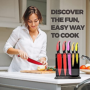 Kitchenson High Carbon Stainless Steel Fancy Colorful Knife Set with Protective - Lucrative Acrylic Stand, Pack of 5 Non-Stick Ceramic Coated, Chef, Bread, Carving, and paring Rainbow Kitchen Knives